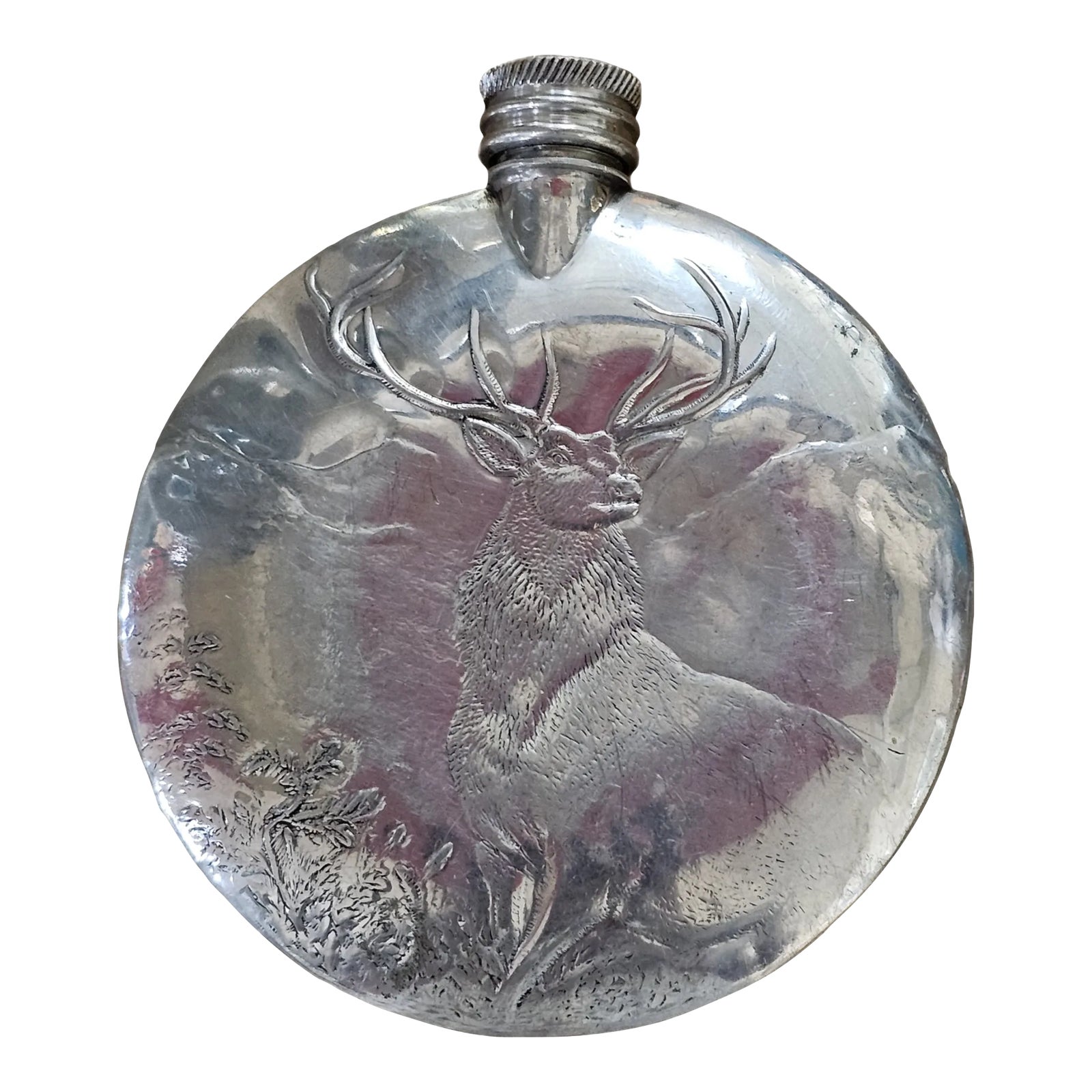Mid Century Modern Pewter Round Flask With a Deer Etching | Chairish
