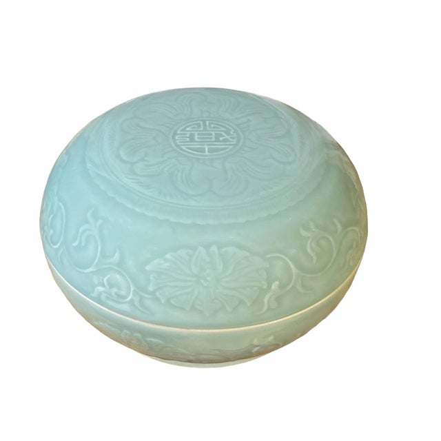 Chinoiserie Hand Carved Celadon Box 9.5" D | Chairish