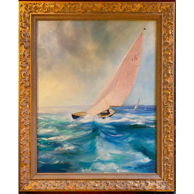 1990s Sloop in Rough Seas Oil Painting by Satori Gregorakis, Framed ...