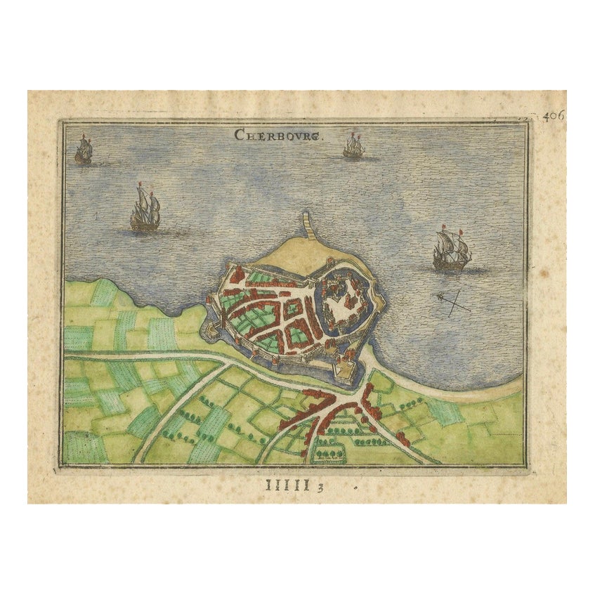Antique Hand-Coloured Engraved Map of French Coastal Town Cherbourg ...