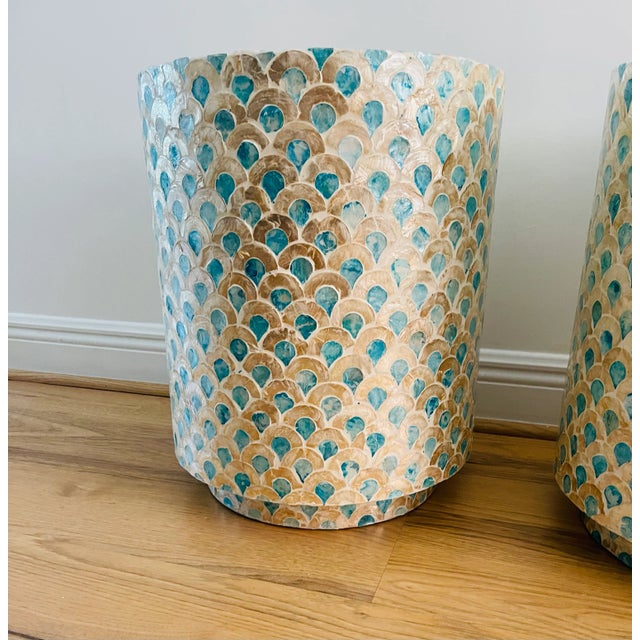 Pair of Capis Shells Peacock Round Side Tables | Chairish