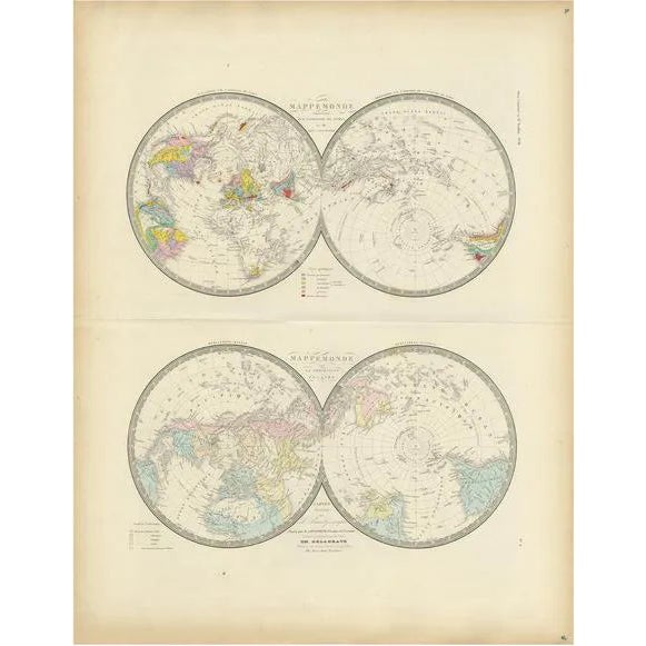 Antique Hemisphere Map of the World by Levasseur, 1875 | Chairish