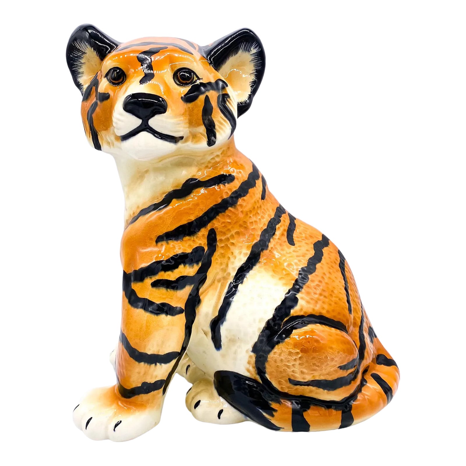 Life-Sized Italian Style Hand Painted Ceramic Tiger Cub | Chairish