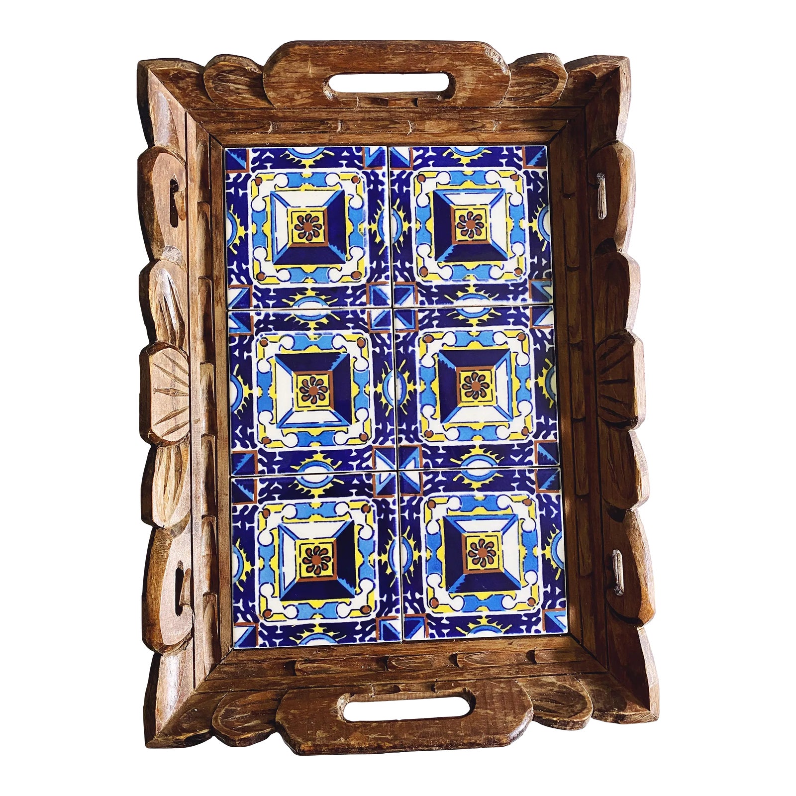 Vintage Mexican Wood and Tile Tray | Chairish