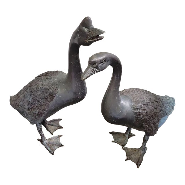 Large Pair of Bronze Outdoor Garden Goose Bird Statues | Chairish