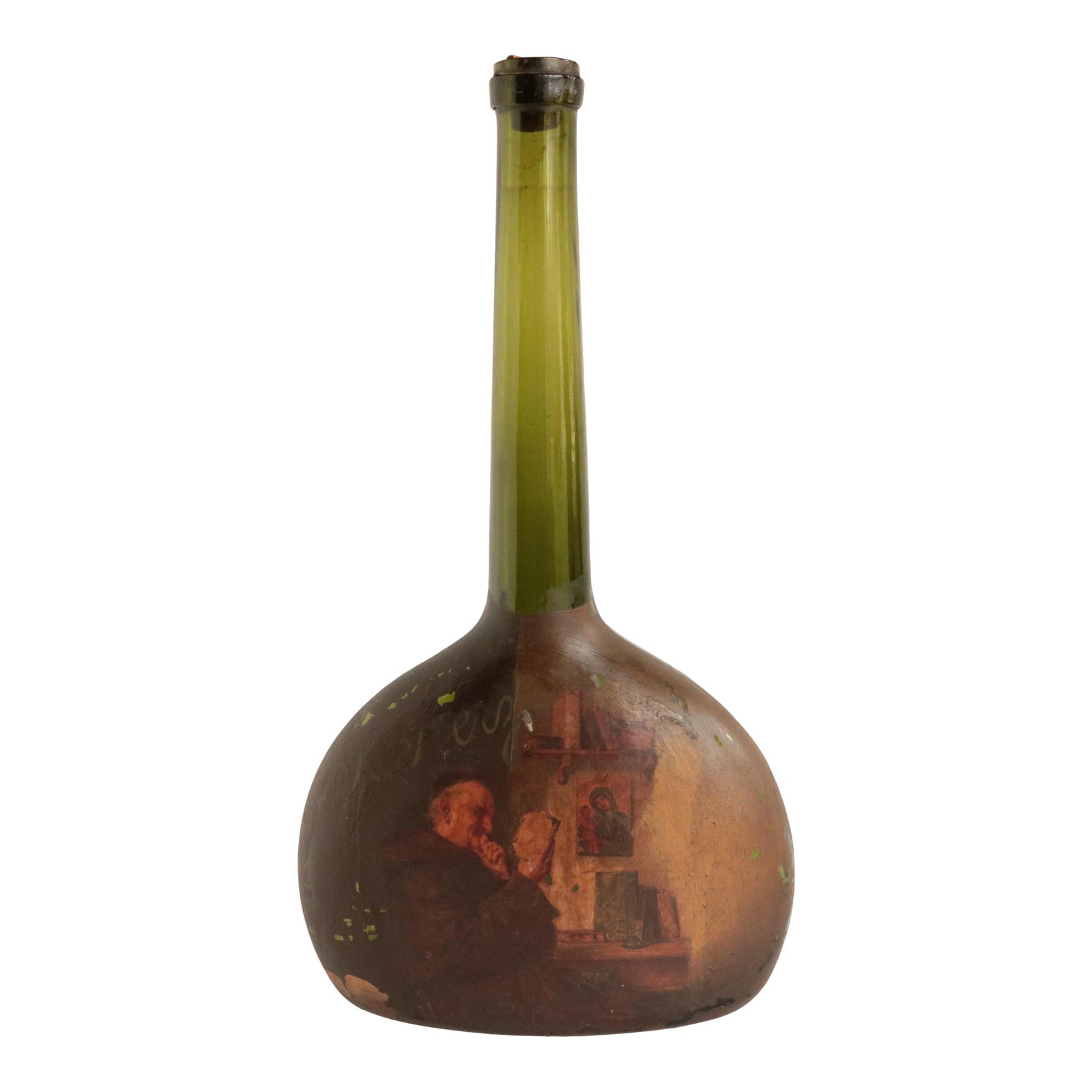 Antique Painted Liquor Bottle With Monk | Chairish