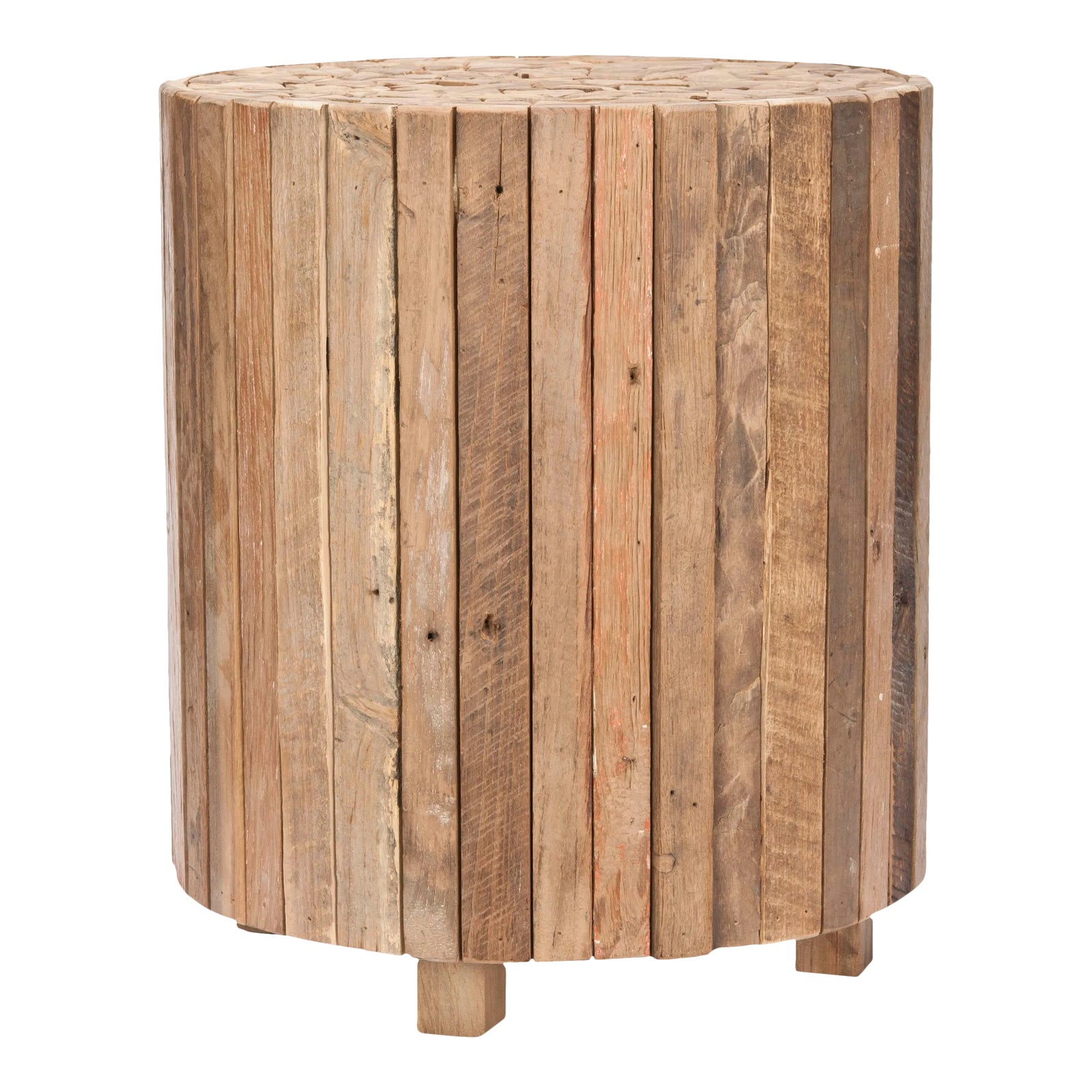 Rustic Wood Block Round End Table in Medium Oak | Chairish