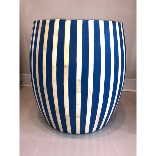 Blue and White Inlayed Striped Side Table | Chairish