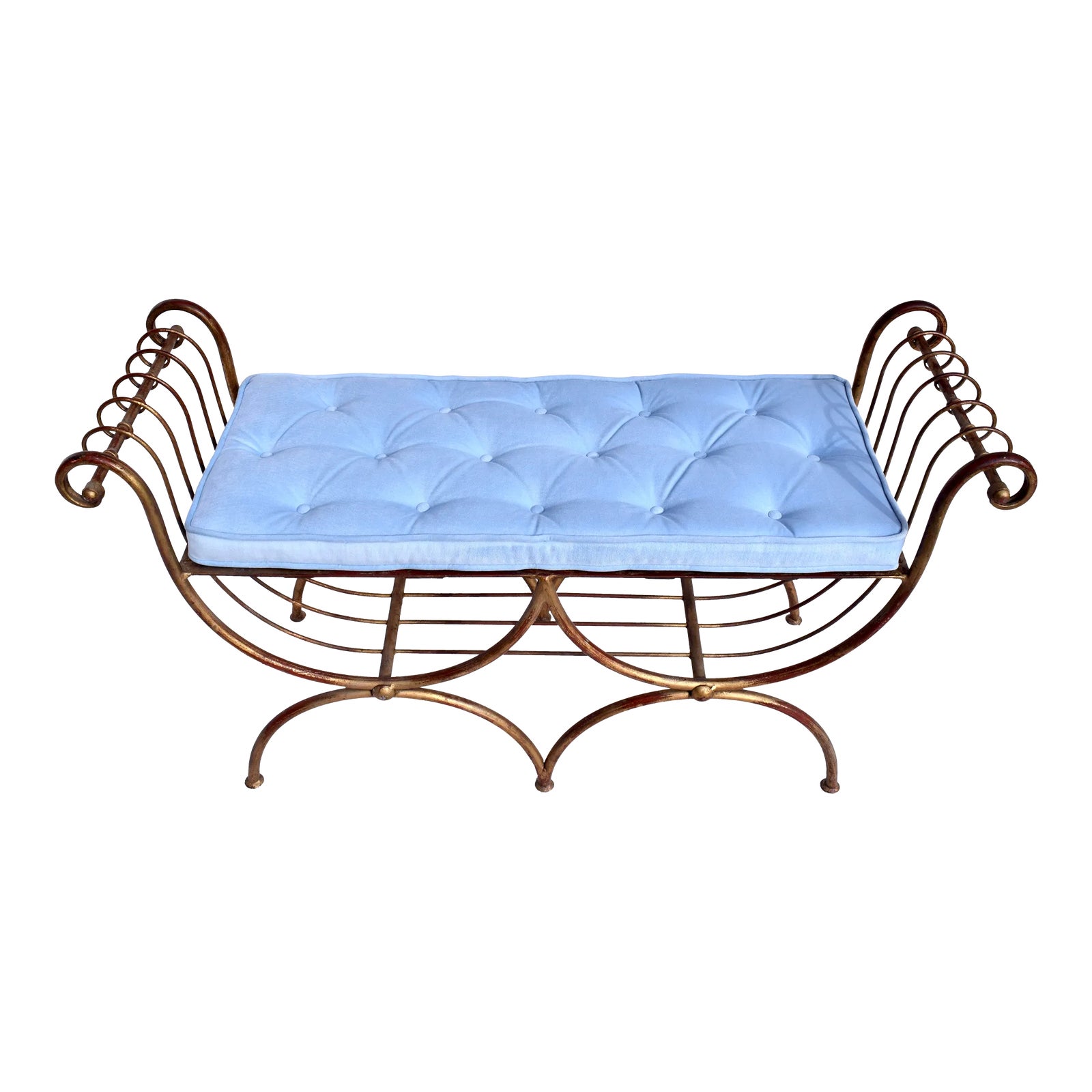 S. Salvadori Gold Enameled Double Curule Bench in Blue Velvet | Chairish