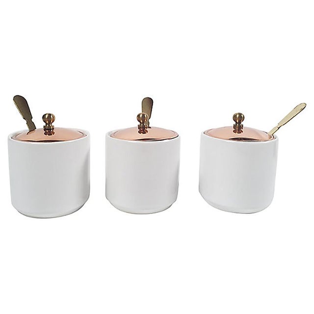 Vintage Copper and Ceramic Condiment Serving Caddy Set | Chairish