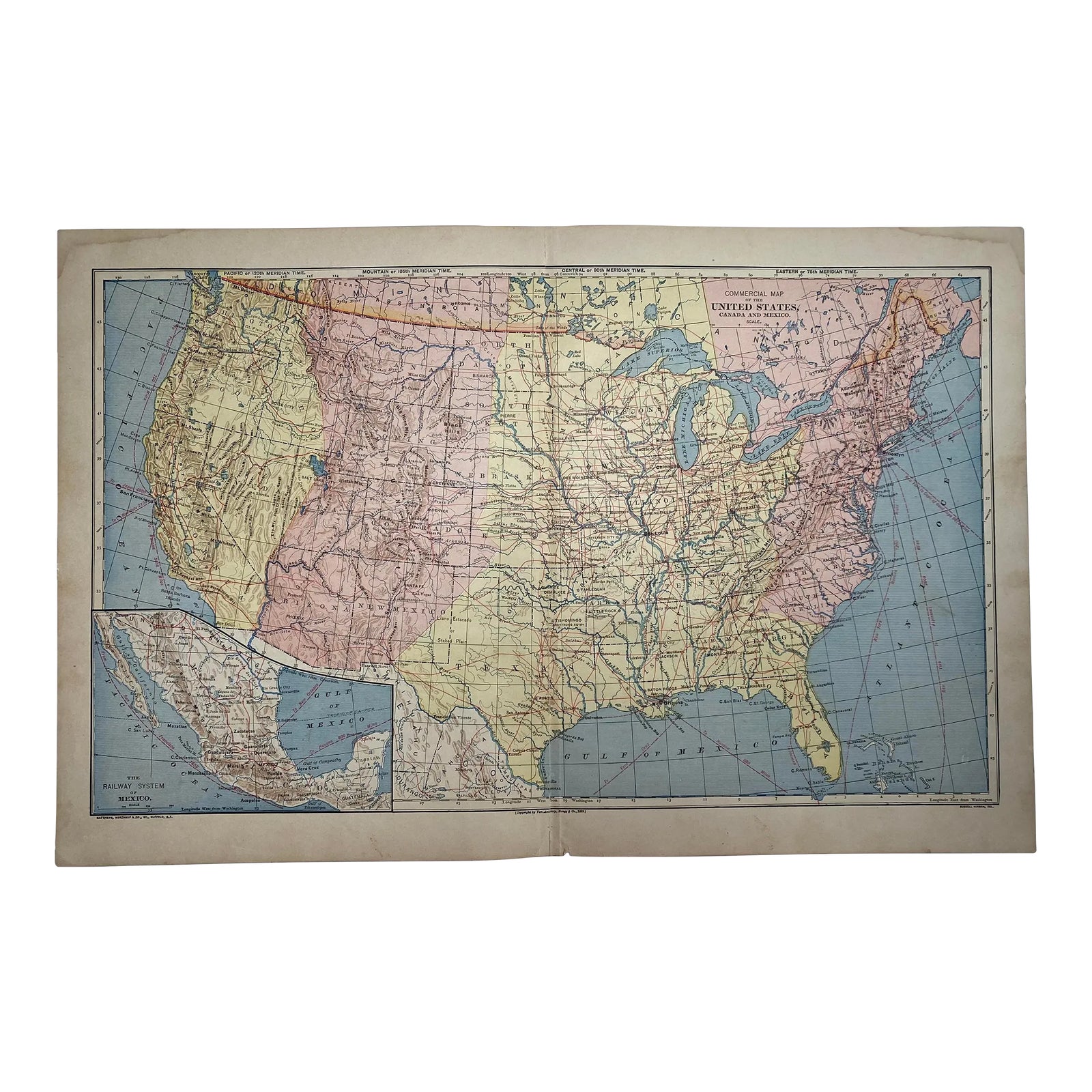 1883 Antique Commercial United States Routes Map | Chairish