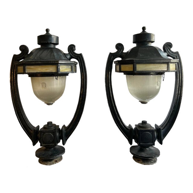 Contemporary Oversized Heavy Iron Post Lights With Stained Glass and ...