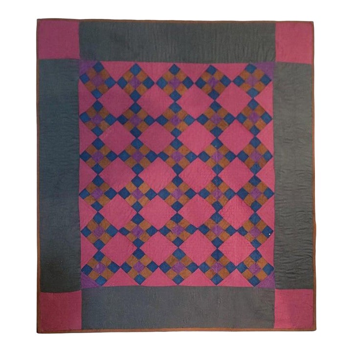 Amish Postage Stamp Nine Patch Chain Mounted Quilt | Chairish