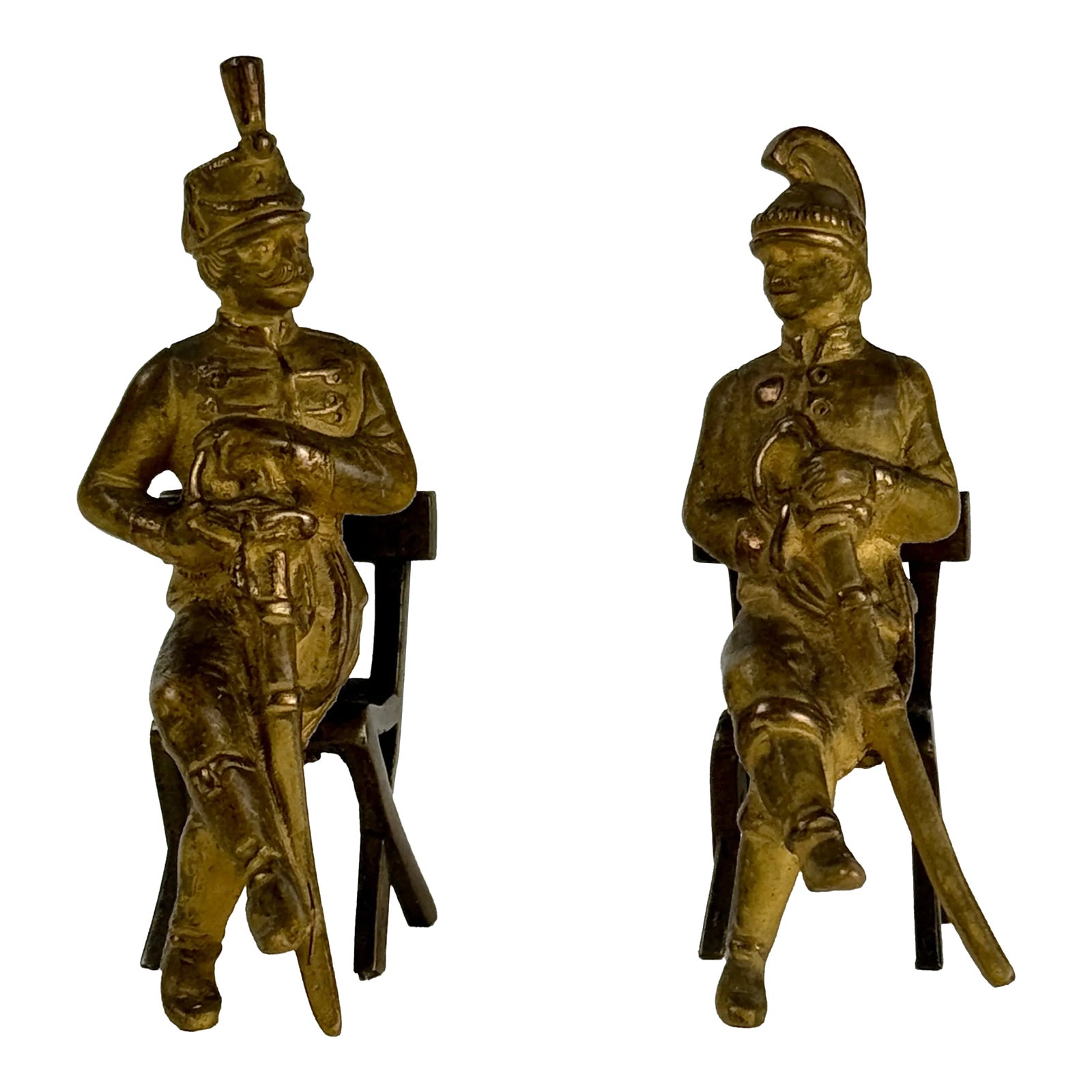 Miniature Early 20th Century Pair of Brass Military Soldiers Sitting on ...
