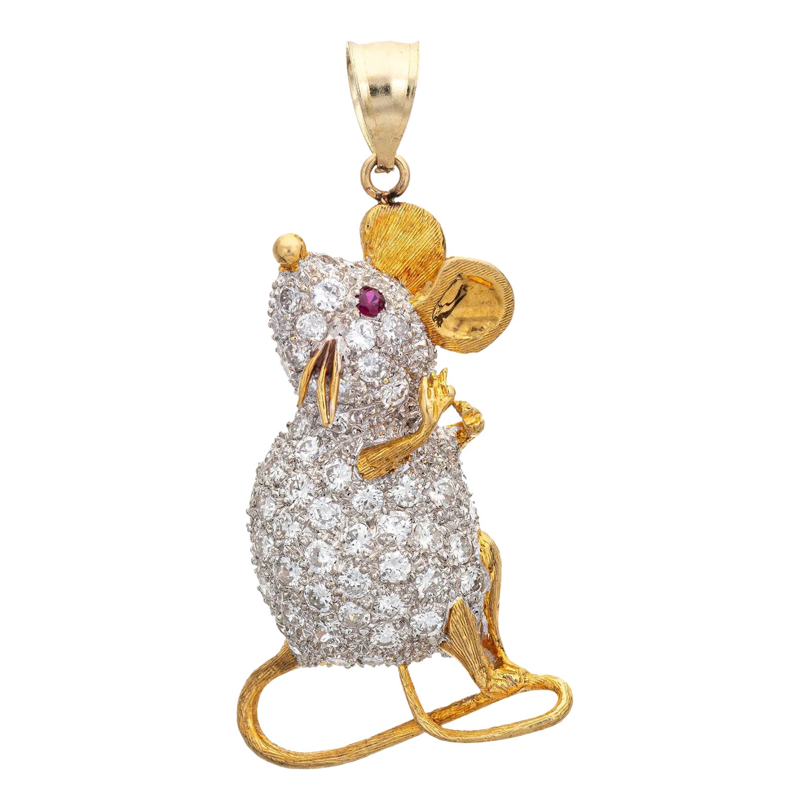 Mid 20th Century 2ct Diamond Mouse Pendant Vintage 18k Yellow Gold Fine ...