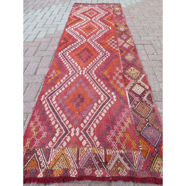 Mid 20th Century Aesthetic Red Boho Rug Runner Turkish Hallway Kilim ...