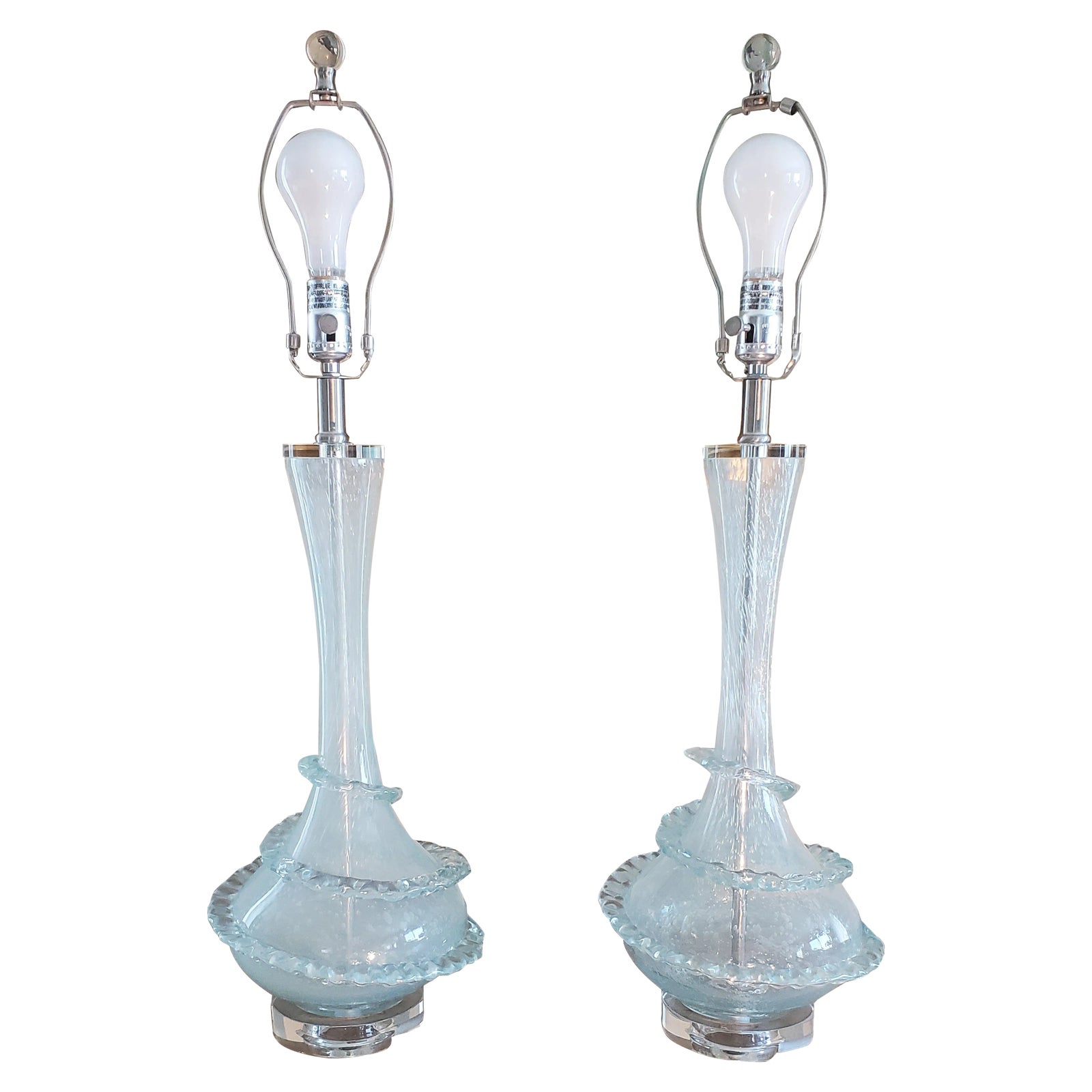 Pair of Tall Murano Hand Blown Light Aqua Table Lamps, 1950s | Chairish