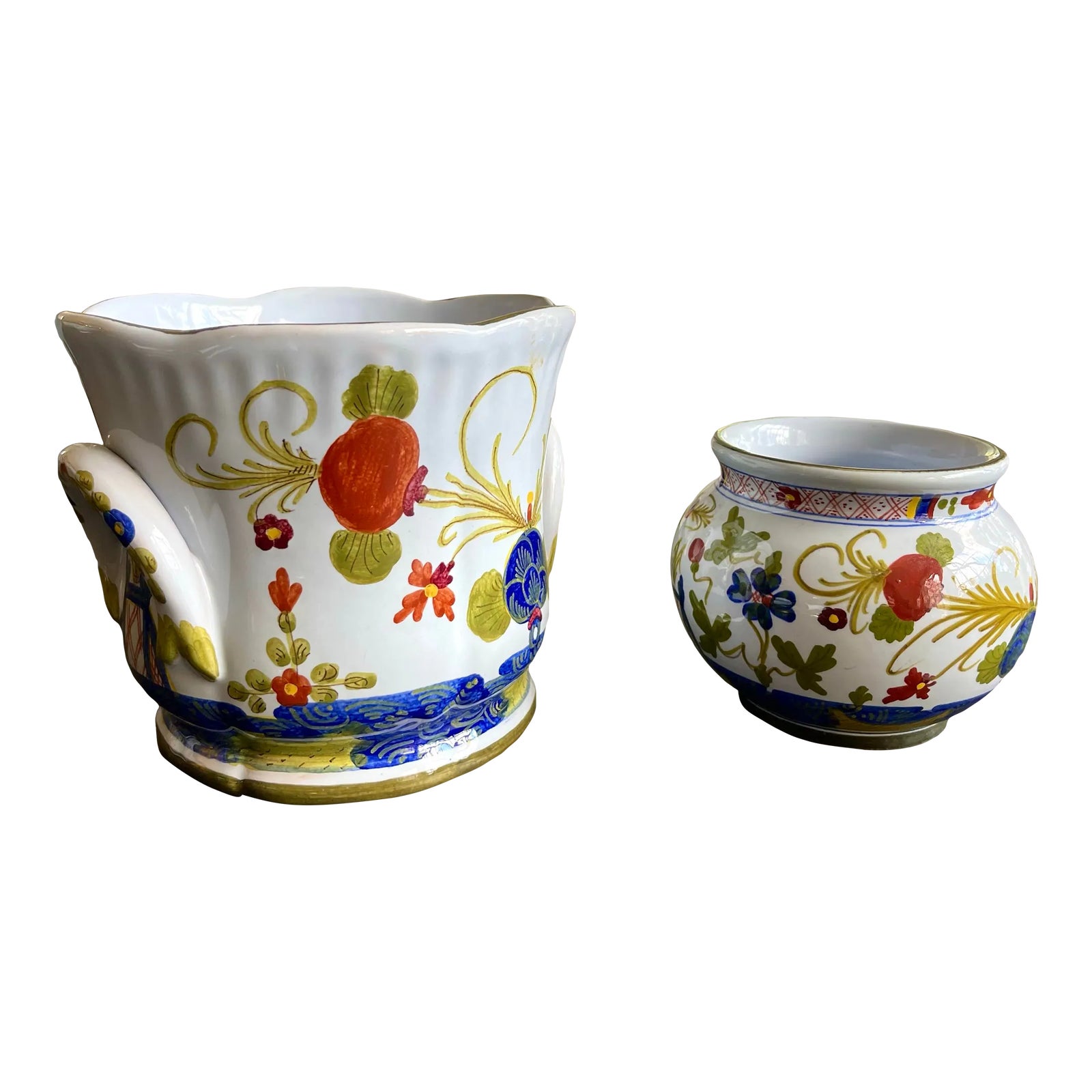 Italian Faience Hand Painted Flower Pots, a Pair | Chairish
