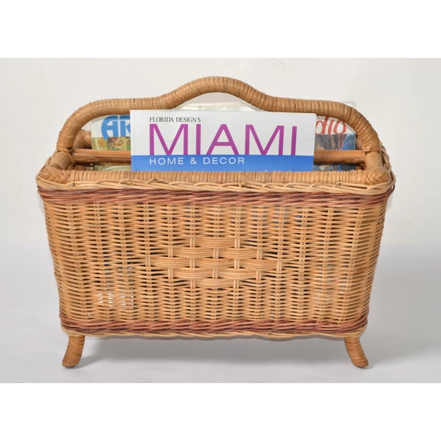 1960 Rattan Bamboo Handwoven Magazine Rack Newspaper Basket | Chairish