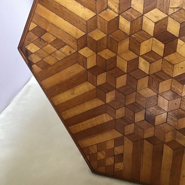 Vintage Folk Art Marquetry Side/End Table With Geometric Design | Chairish