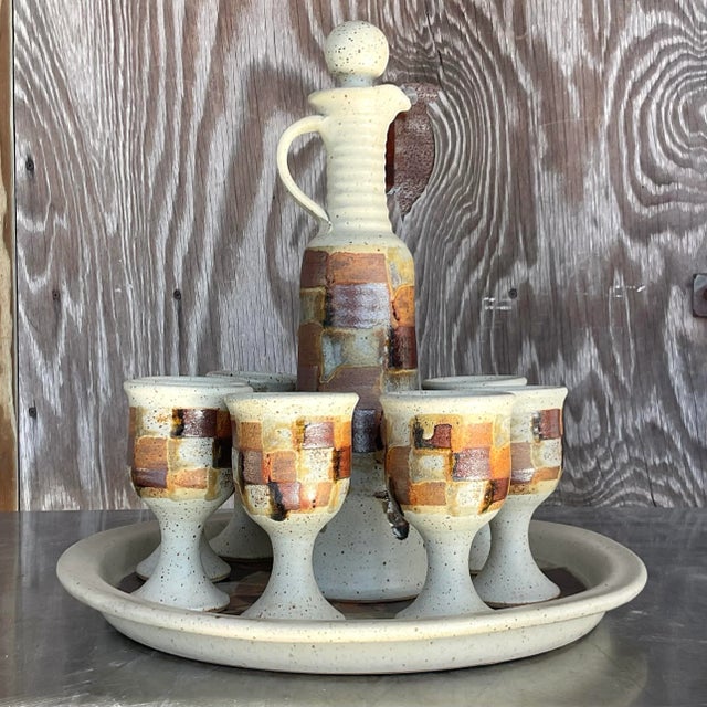 Vintage Boho Signed Hand Painted Studio Pottery Carafe Set- 10 Pieces ...