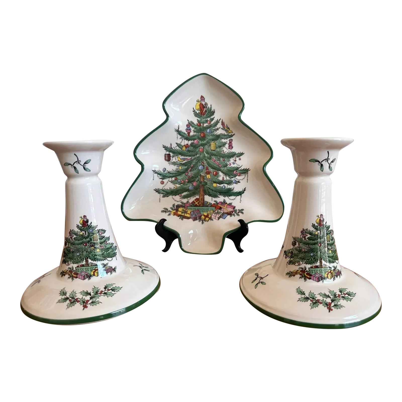 Vintage Spode Dish and Tall Candle Holders - 3 Piece Set | Chairish