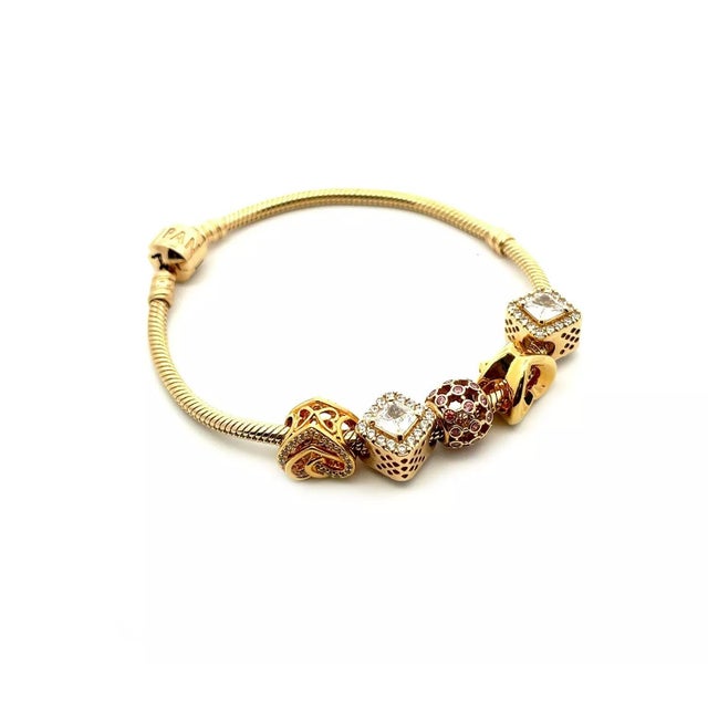 Pandora 14k Gold 5 Slide Charms Snake Chain Bracelet | Chairish