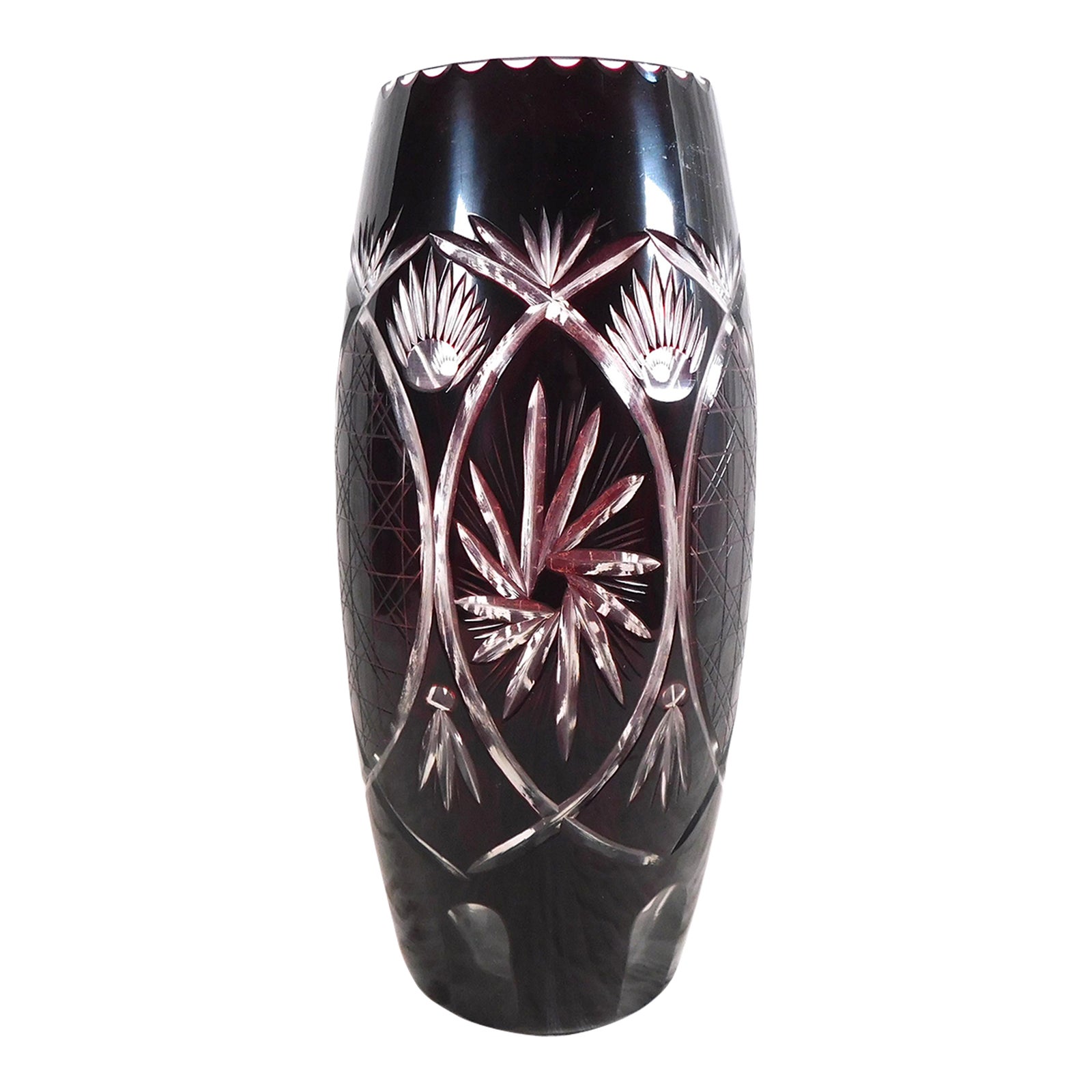 1980s Dark Red Cut to Clear Vase | Chairish