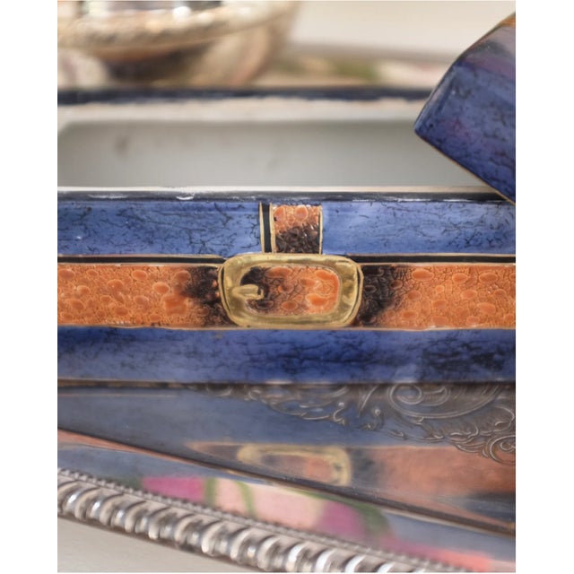 1980s Navy Blue and Brown Ceramic Box With Equestrain | Chairish
