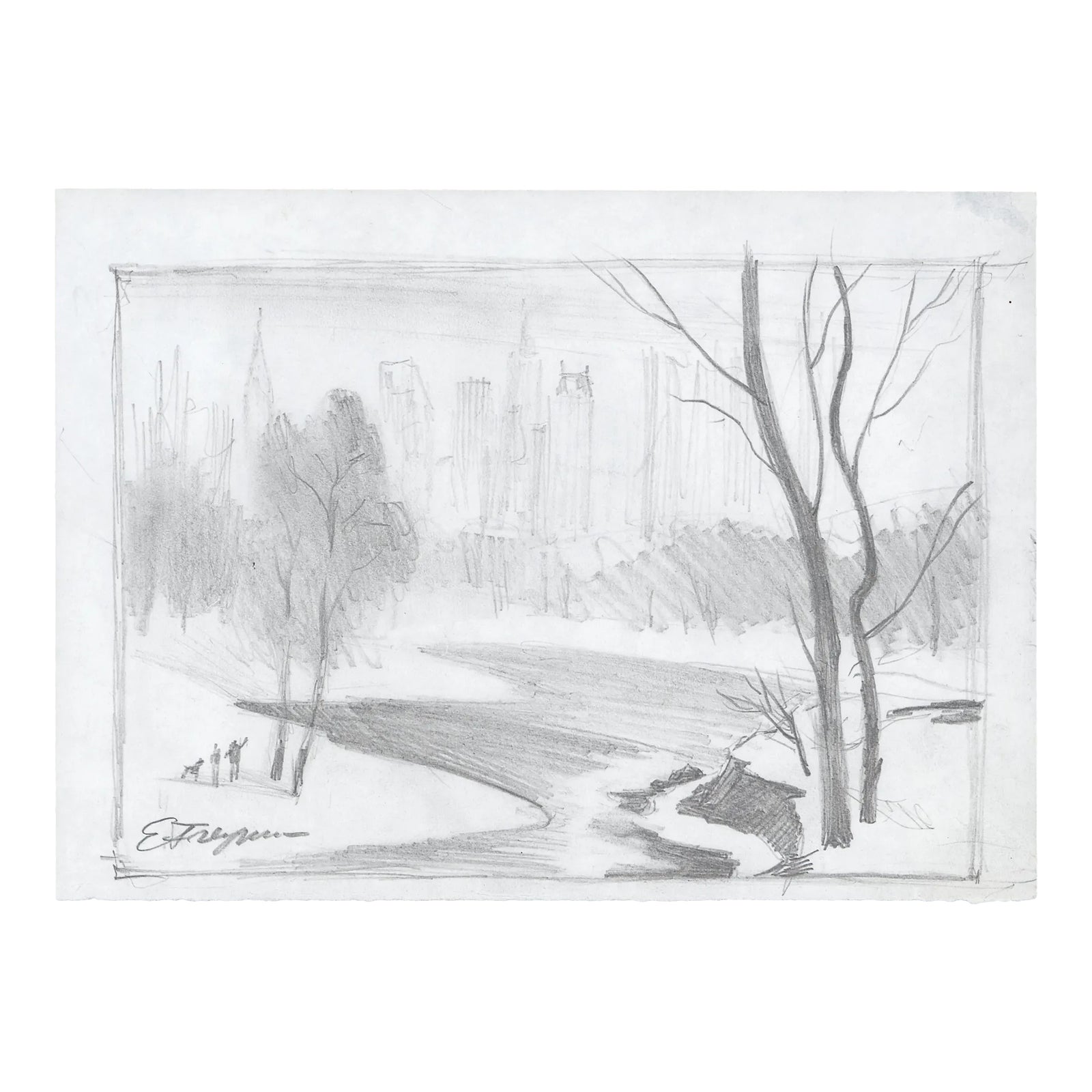 Small Pencil Drawing of a Winter Scene in Central Park by Erik Freyman ...