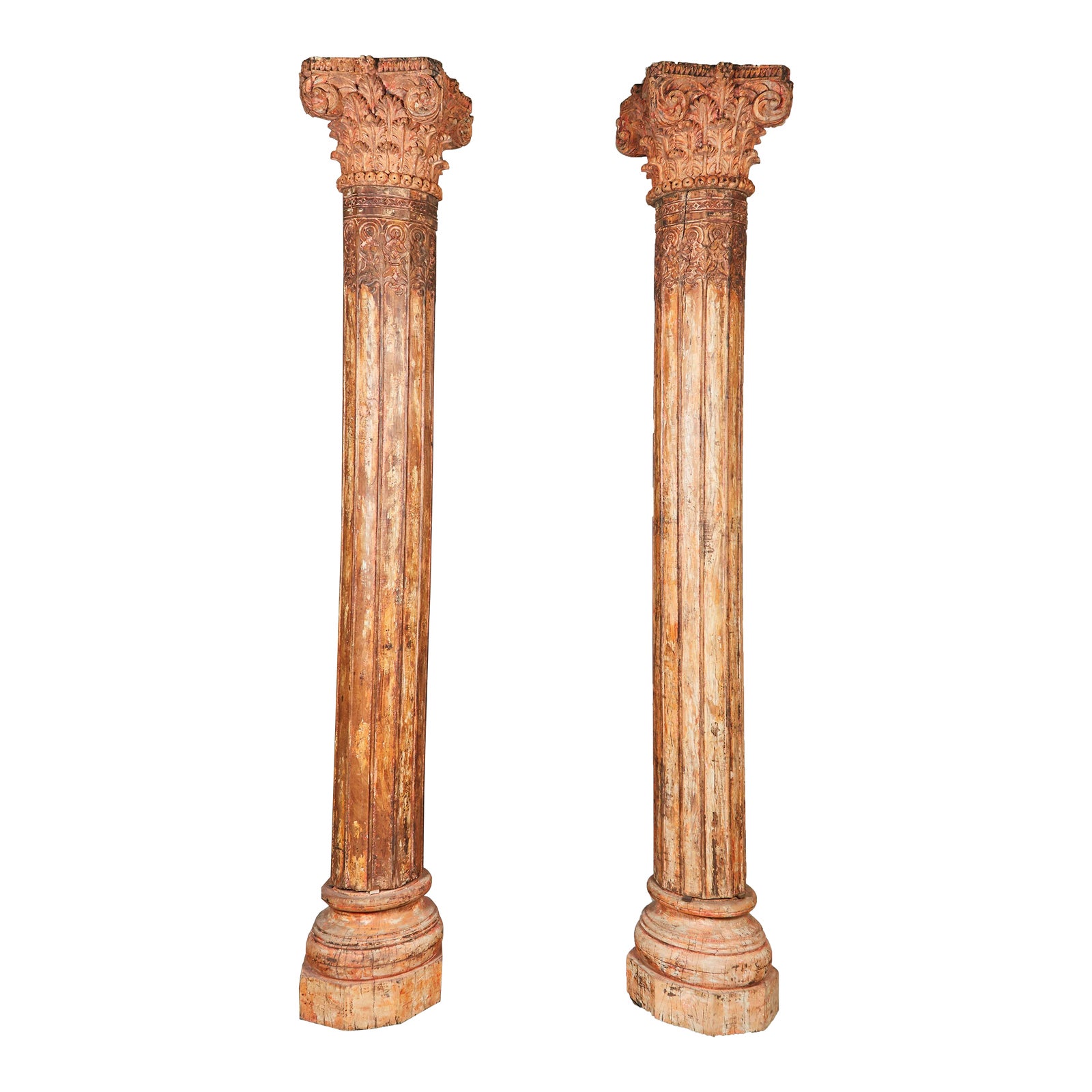18th Century Orange Tall Indian Teak Wood Pillars - a Pair | Chairish