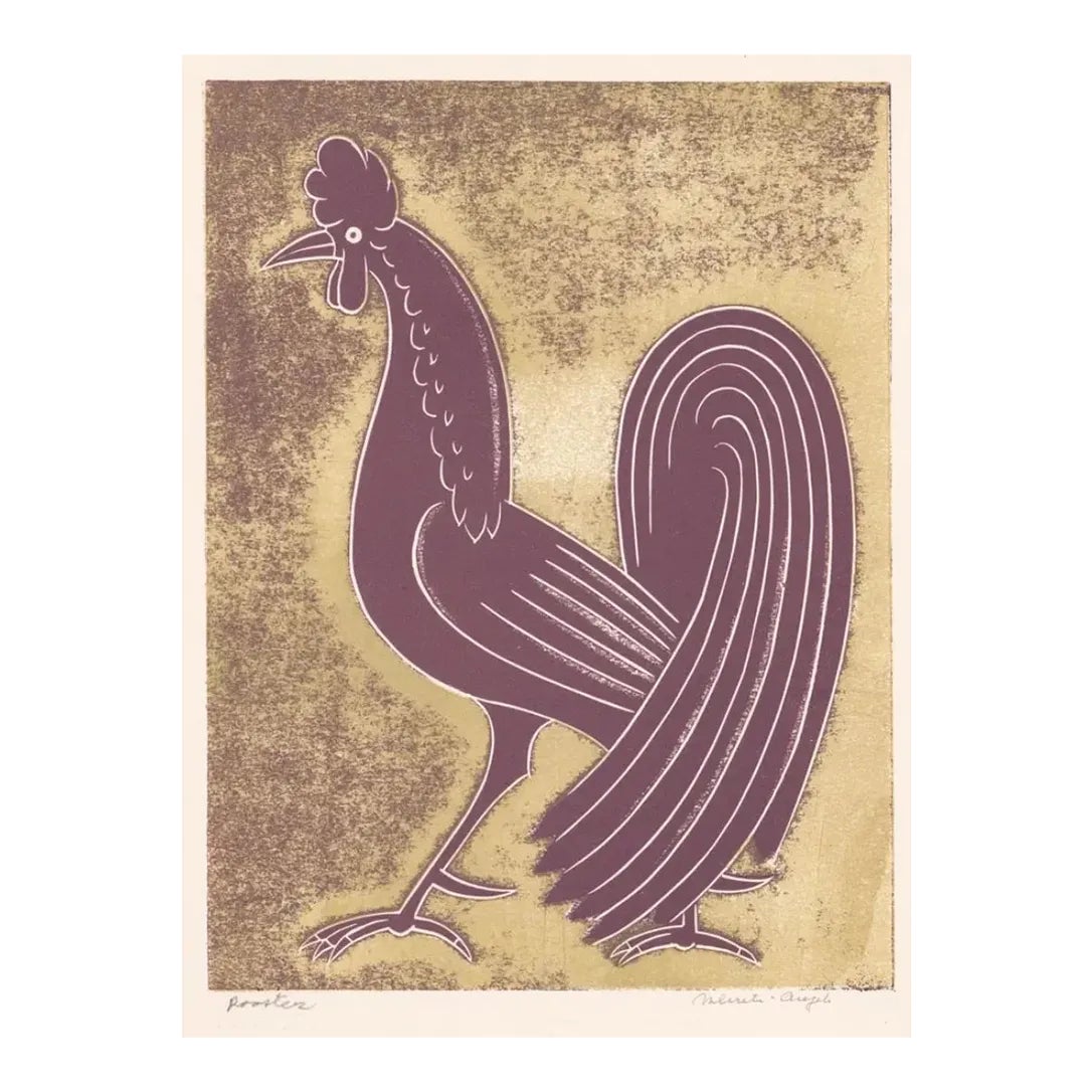1950s Valenti Angelo Rooster Linocut | Chairish