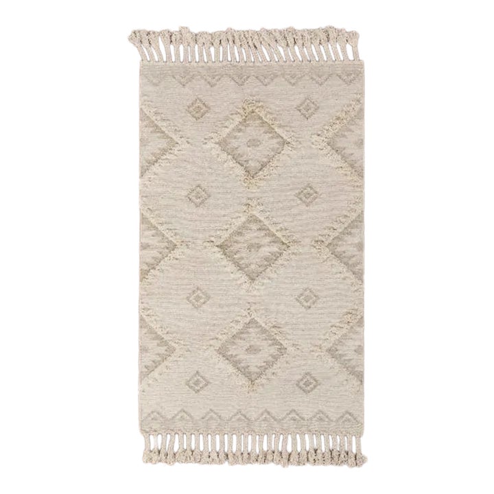 2020s Ivory Grey Hand Woven Moroccan Inspired Bohemian Wool Rug, White ...