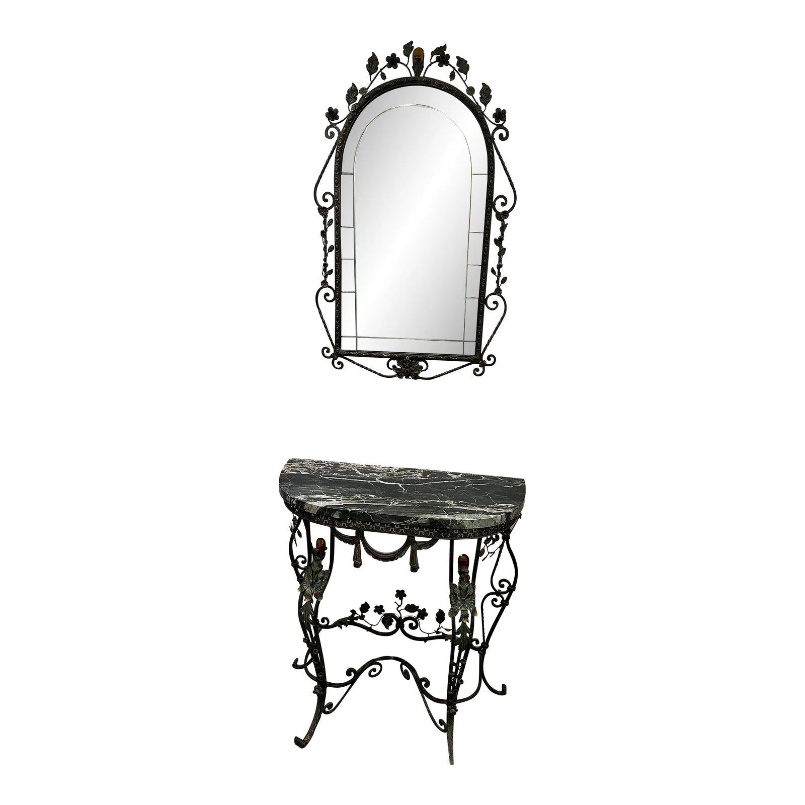 1920s Art Deco Marble Top Iron Demilune Table Mirror | Chairish