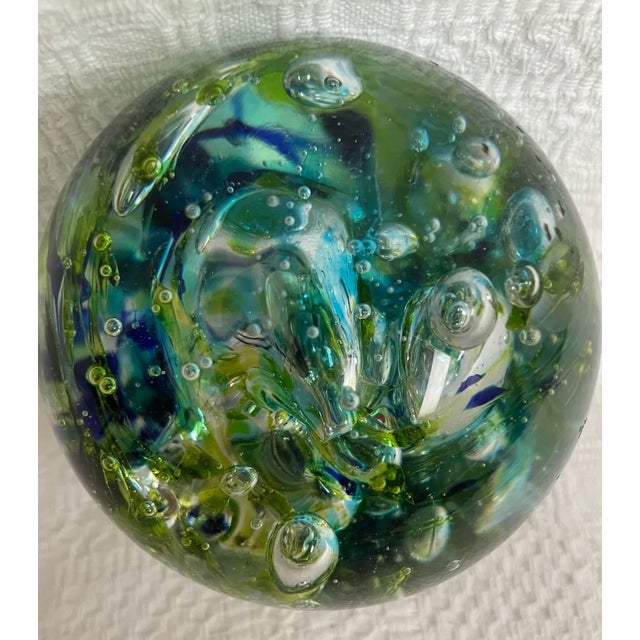 Jeff Price Hand Blown Art Glass Orb/Paperweight on Stand | Chairish