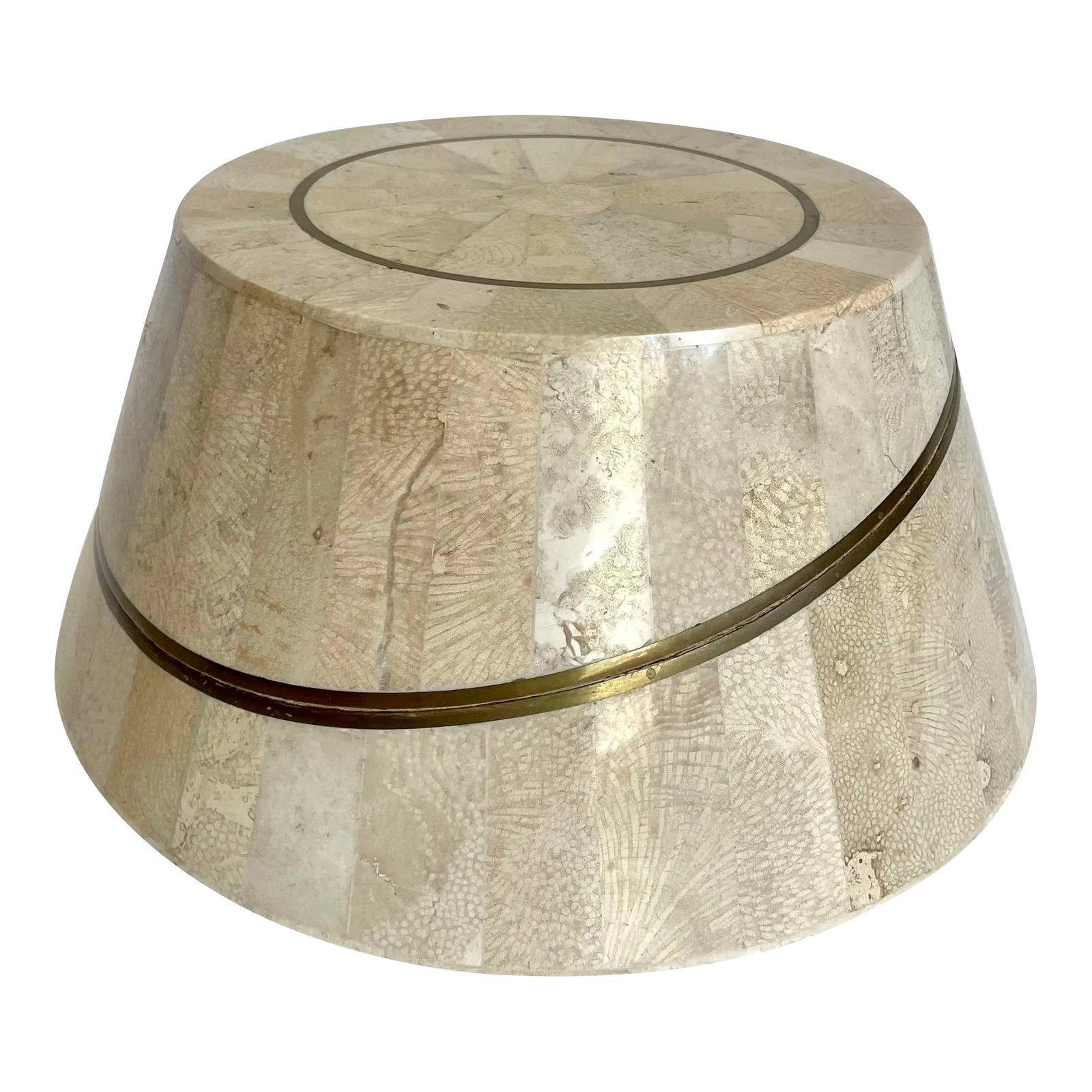 Modern Round Tessellated Travertine Stone and Brass Box With Slanted ...