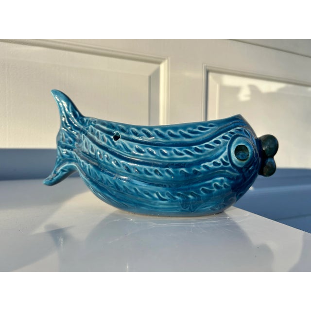 Vintage Blue Glazed Ceramic Fish Planter | Chairish