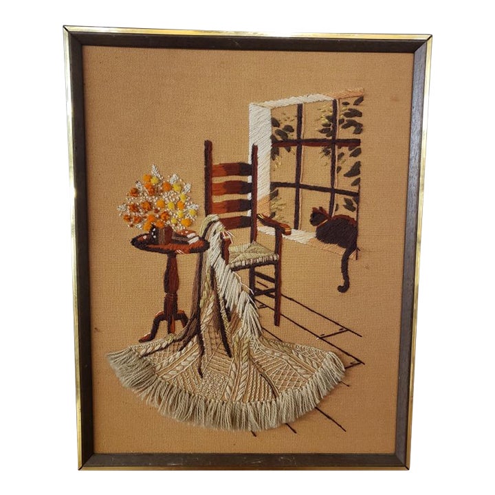 Vintage Cozy Corner Sunset Designs Framed Crewel Art/Cat in Window ...