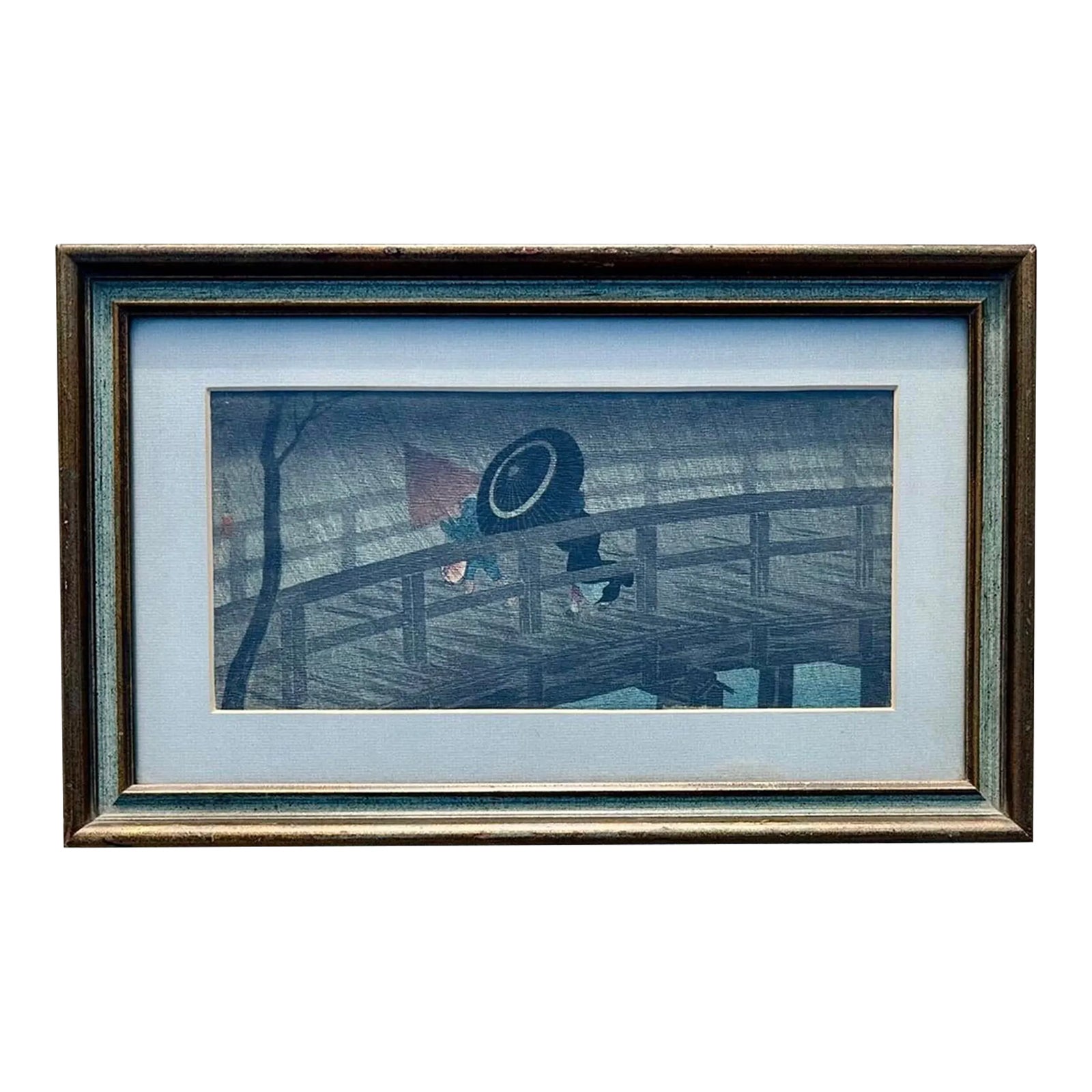 Takahashi Hiroaki (Shotei) Rain on Izumi Bridge Japanese Woodblock Print C1930, Framed | Chairish