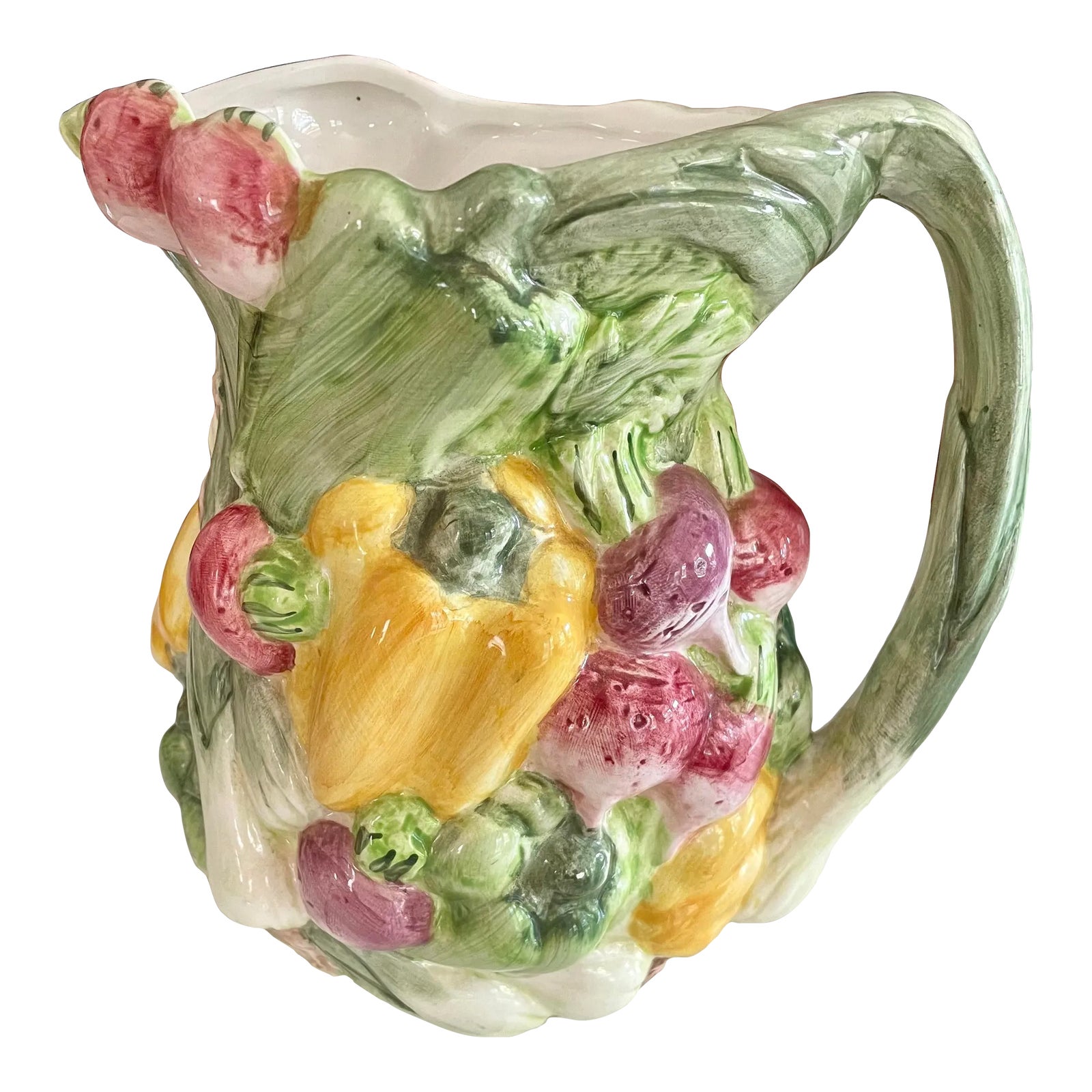 1990s Hand-Painted Majolica Style Ceramic Vegetable Pitcher | Chairish