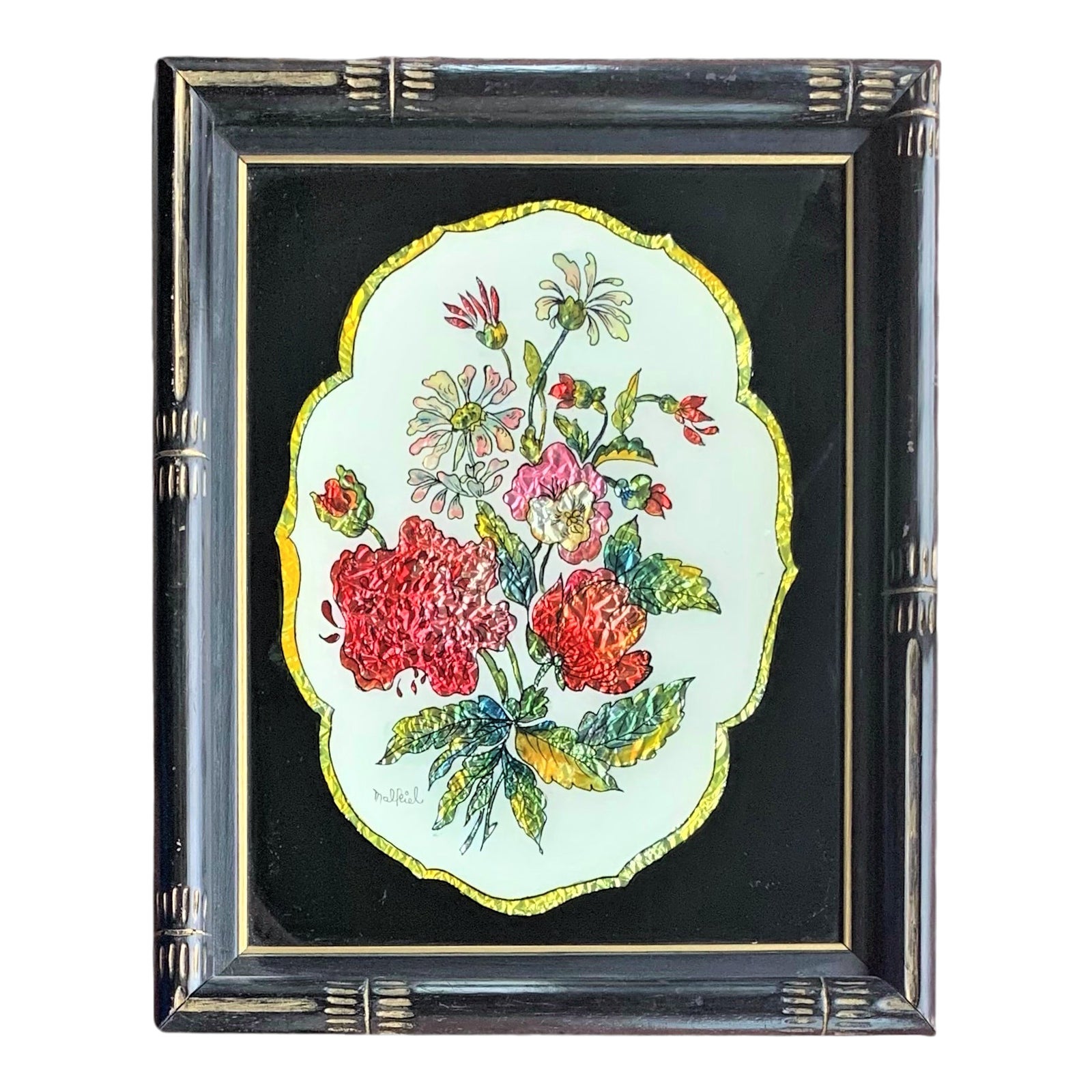 Vintage Hand Painted Coral Colored Floral Tinsel Painting | Chairish