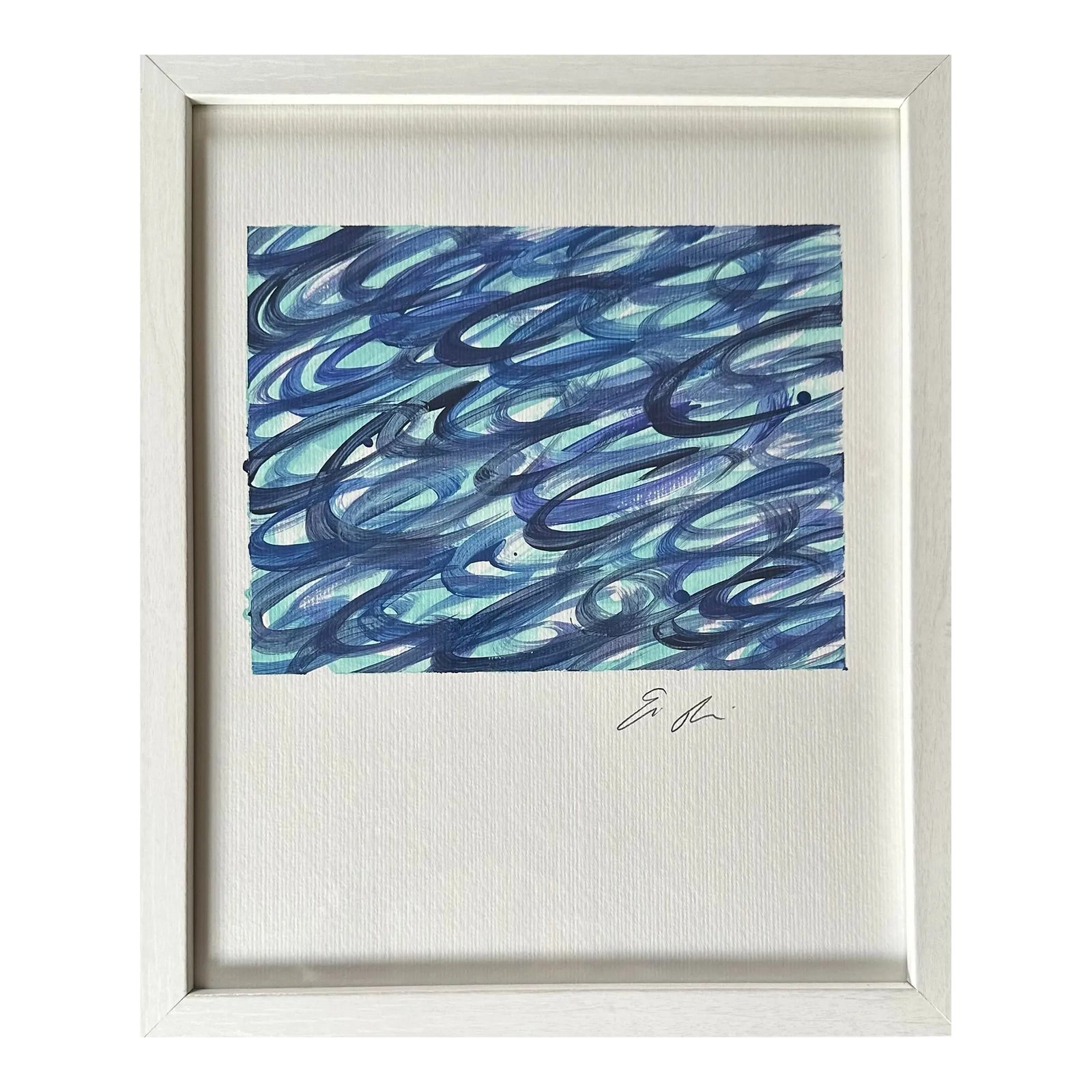 Erin Simon Original “Scrolling” in Blues Framed in White | Chairish