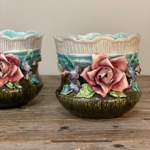 Pair 19th Century French Faience Barbotine Jardinieres ~ Cachet Pots ...