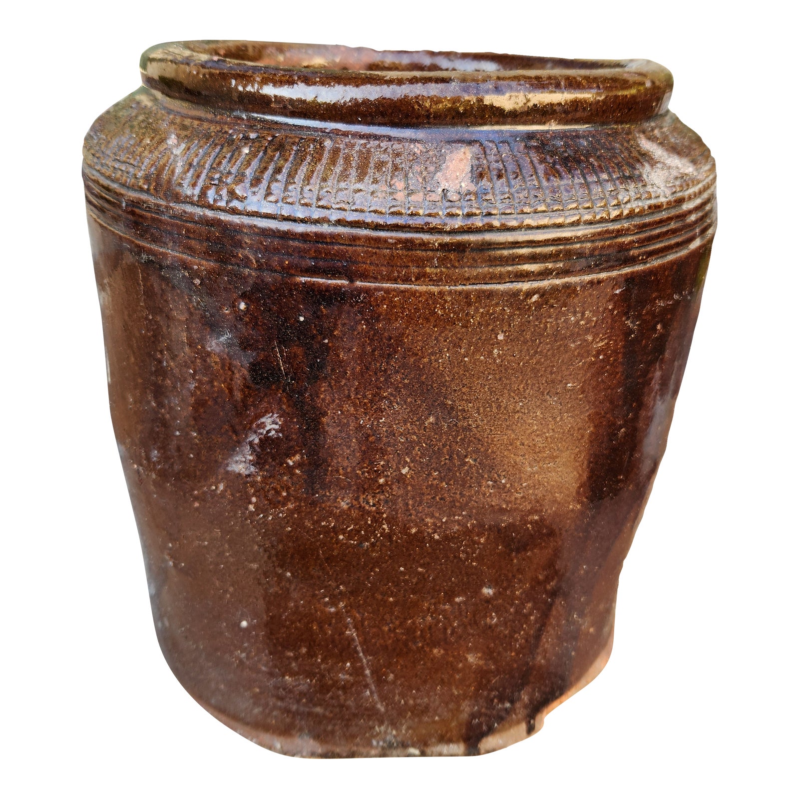 Early 1900s Brown Treacle Glaze Earthenware Pickle Crock | Chairish