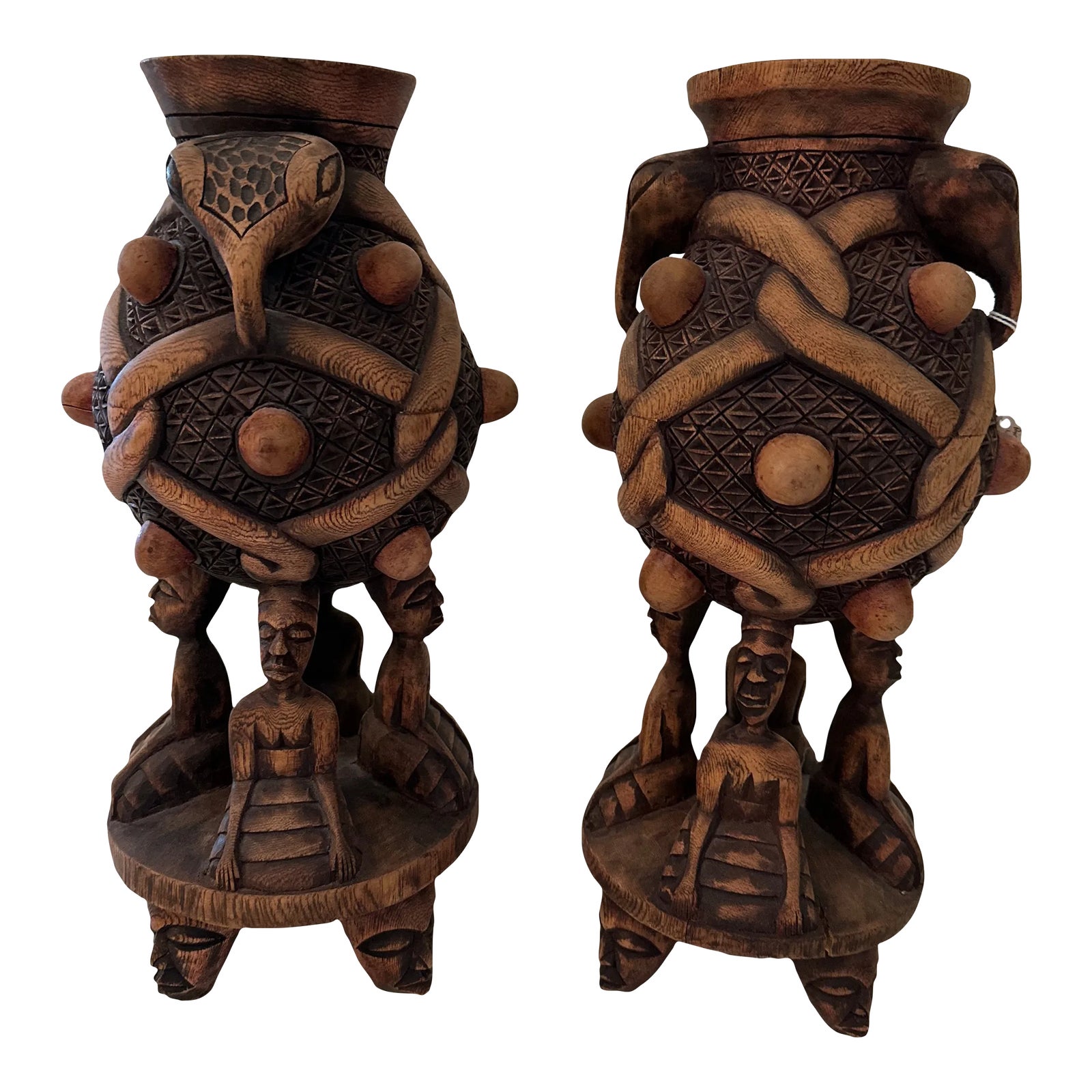 Pair of Vintage African Carved Vessels | Chairish