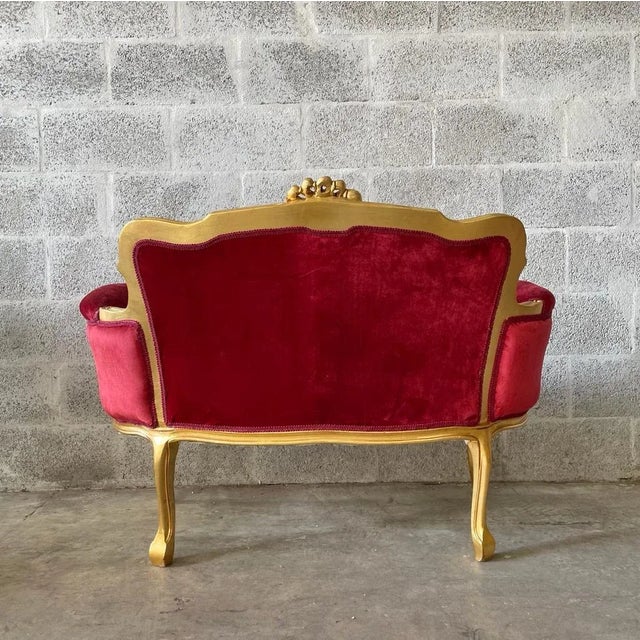 French Rococo Style Red Settee with Gold Leaf | Chairish
