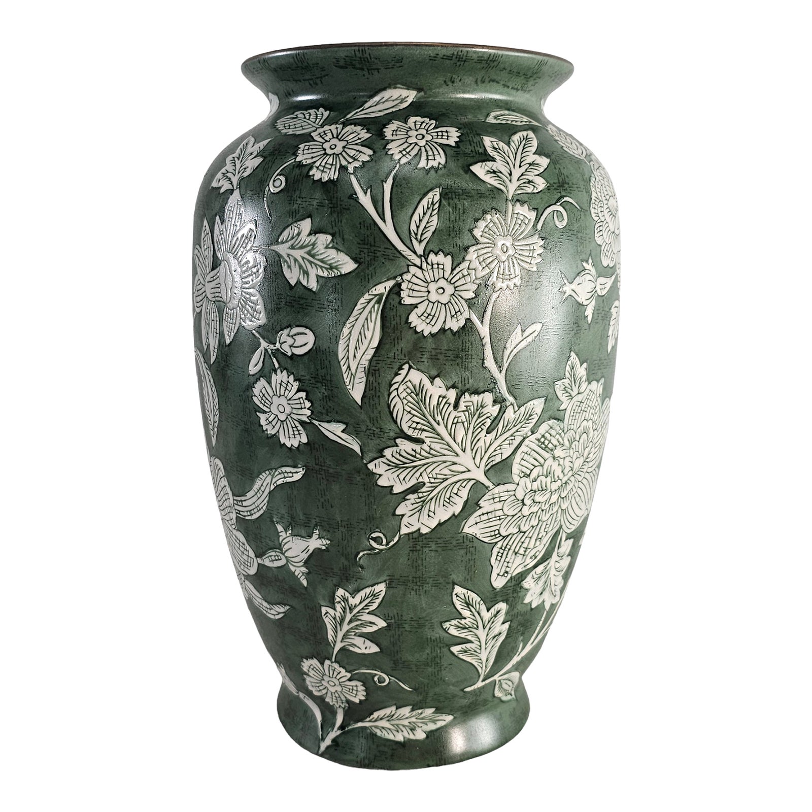 Tall Green Porcelain Embossed Floral Chinese Vase | Chairish