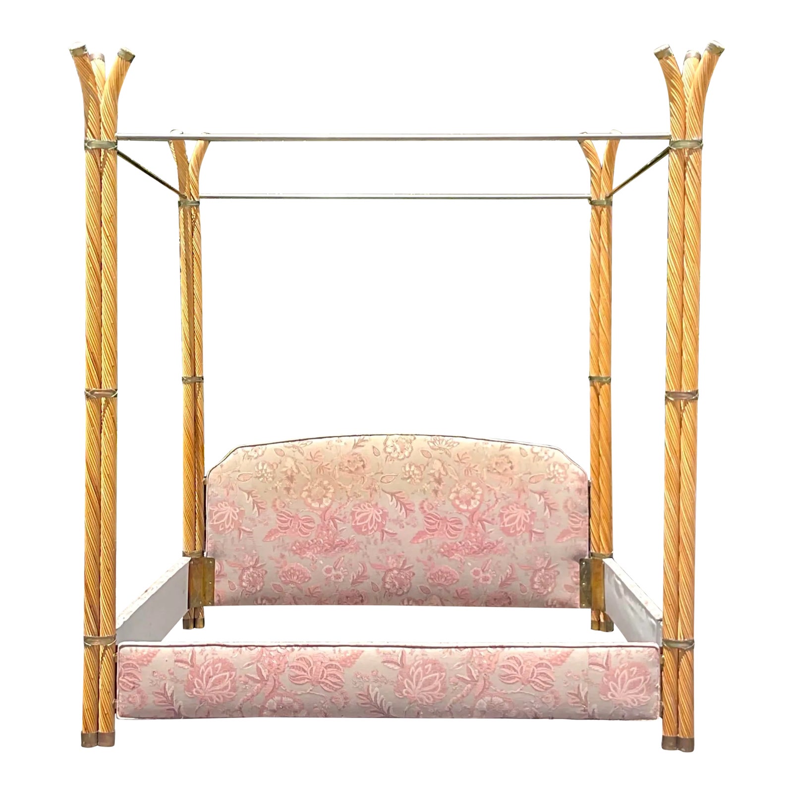 Vintage Coastal Twisted Pencil Reed and Brass King Canopy Bed | Chairish