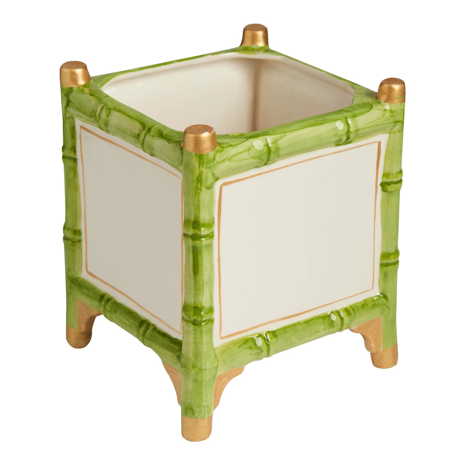 Bamboo Cachepot, Green/White/Gold, Small | Chairish