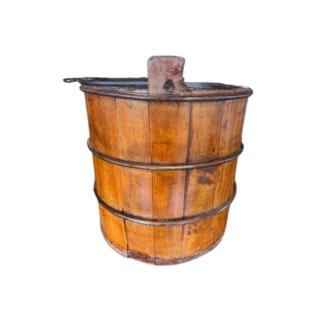 Antique Primitive Wooden Bucket With Wrought Iron Bands | Chairish